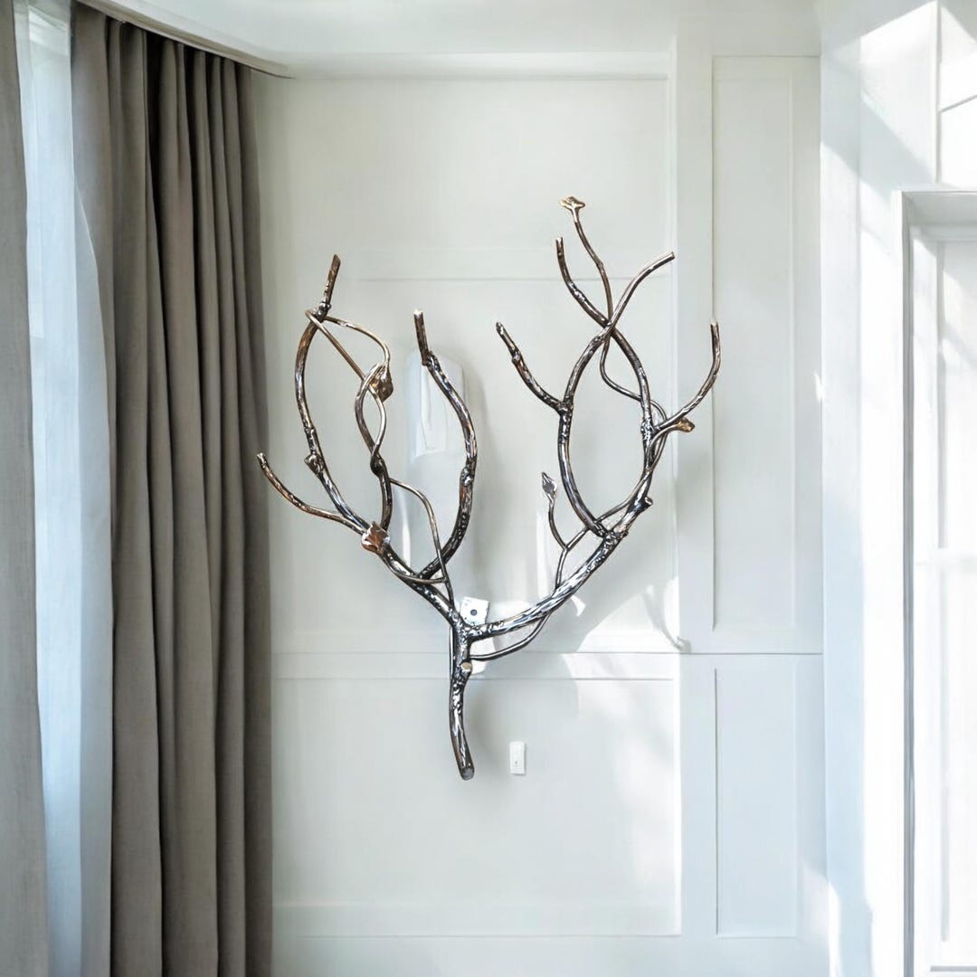 Forged Iron Forest Branch Hanger With Leaves, Coat Rack, Wall Hanger ...