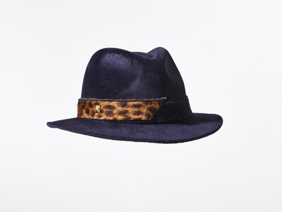 Sade - Fedora, Ladies Hat, Navy Velour Felt, Leopard Print Band ...