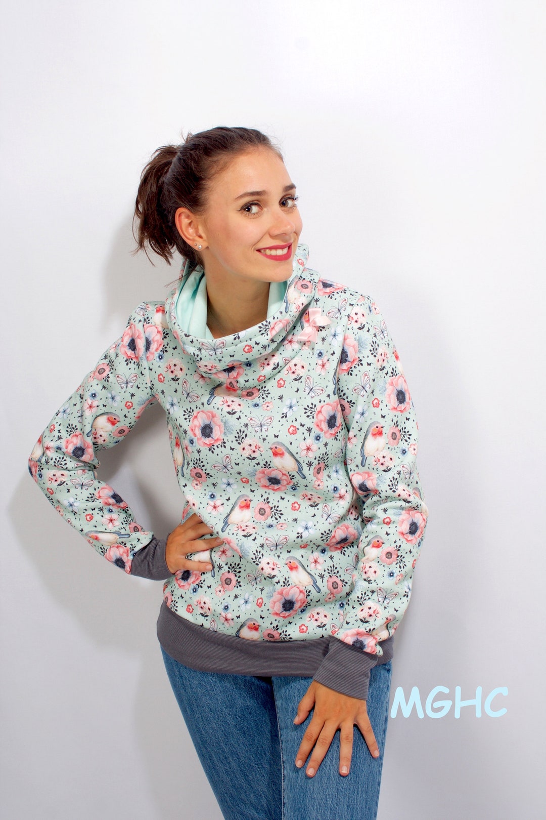 Hoodie Pygmy Birds Mint Gray With Flowers and Butterflies Sweater Bird ...