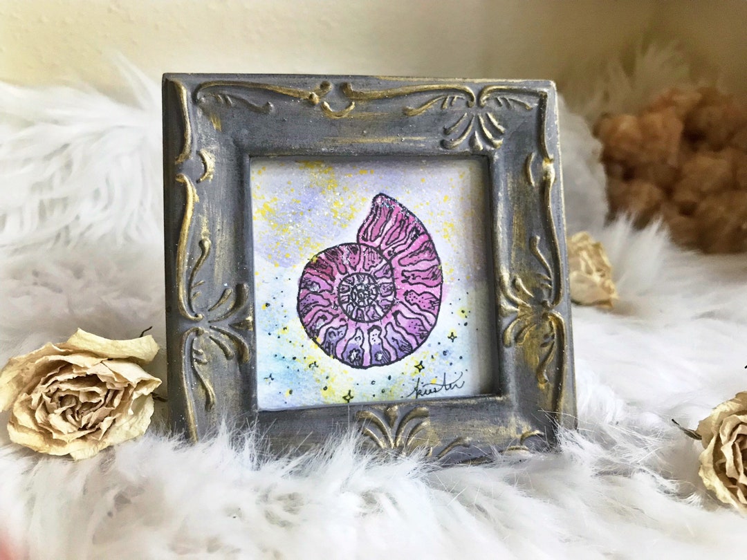 Pink + Purple Ammonite || Original Drawing || Pen + Ink || Framed Art ...
