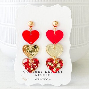 Stacked Heart Earrings | Valentines Day Earrings | Red and Gold Glitter ...