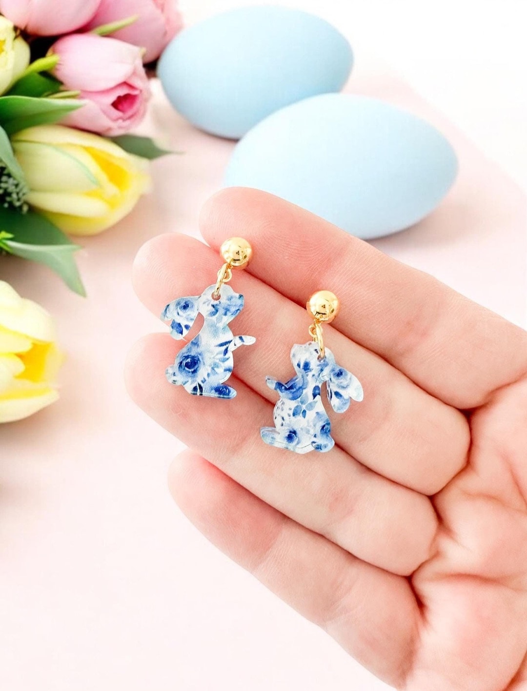 French Toile Mini Bunny Earrings | Chinoiserie Easter Earrings | Blue Floral Easter Bunny ...
