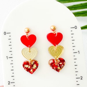 Stacked Heart Earrings | Valentines Day Earrings | Red and Gold Glitter ...