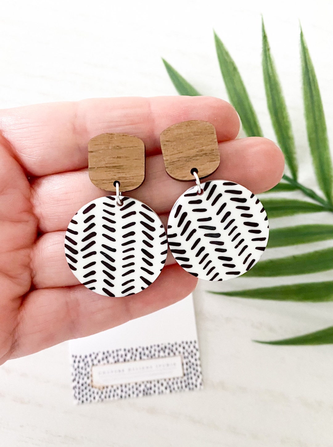 Classic Herringbone Circle Earrings Black and White Modern - Etsy