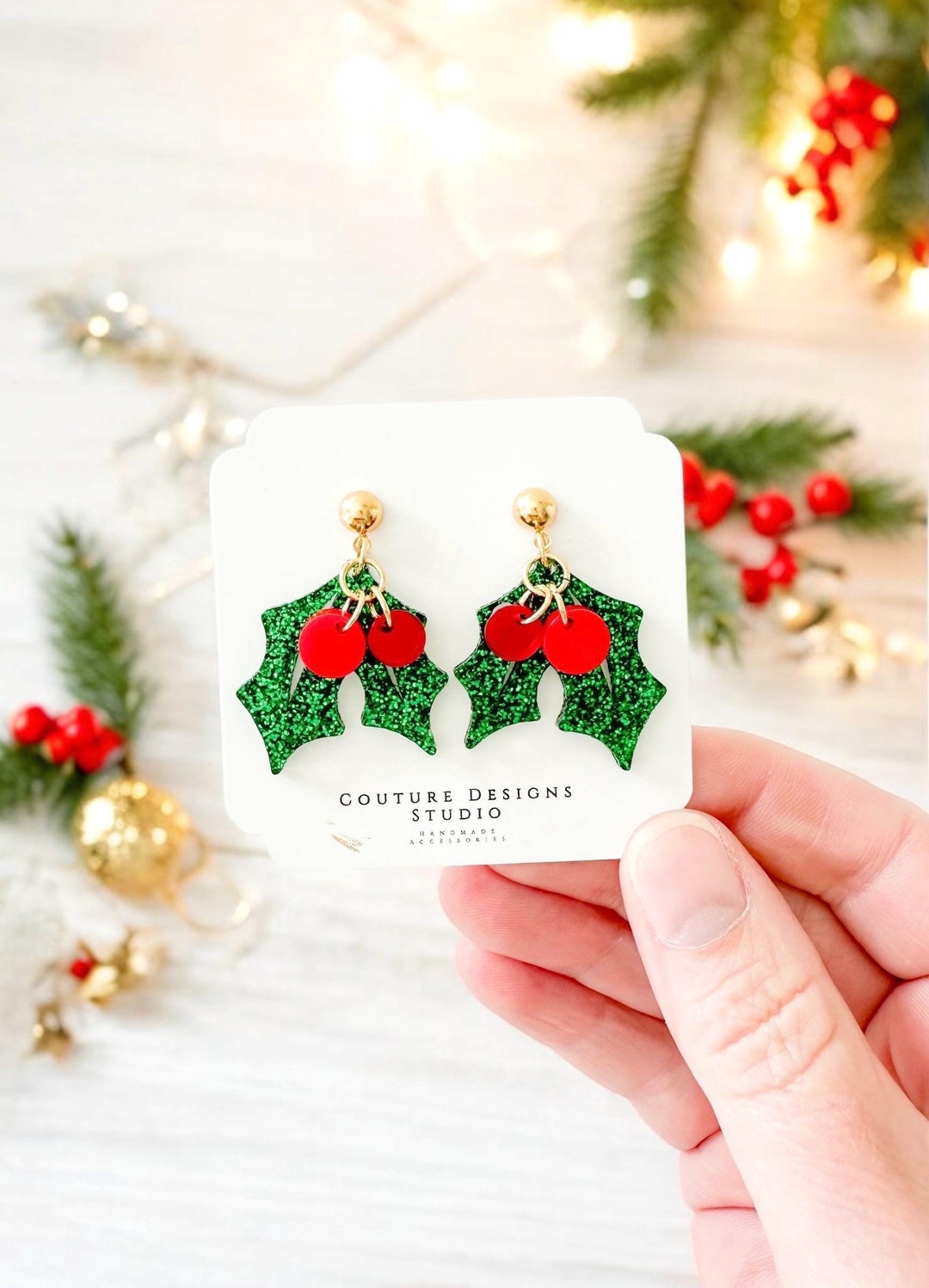 Glitter Holiday Holly Earrings | Christmas Holly Earrings | Mistletoe ...