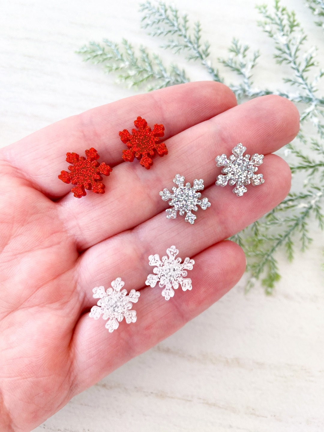 Snowflake Studs Glitter Snowflake Earrings Snowflake Christmas Earrings ...