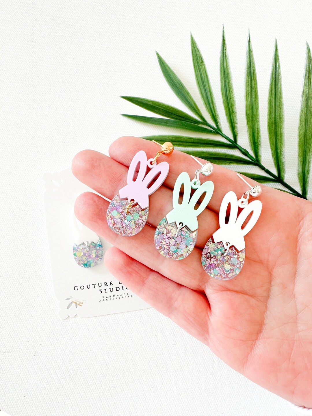 Bunny and Egg Easter Earrings | Pastel Glitter Easter Bunny Ear Earrings | Glitter Acrylic ...