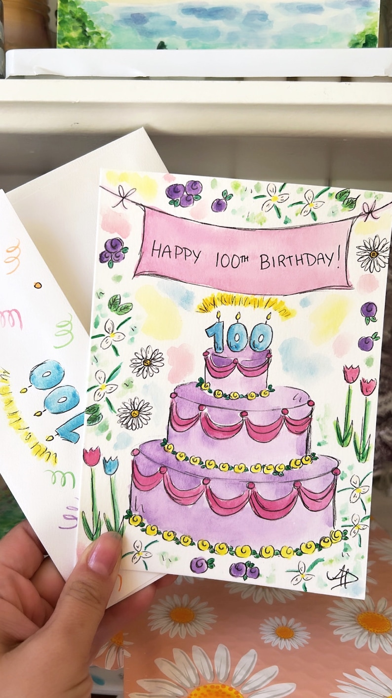 100th Birthday Card Handmade Card Watercolor Floral, Happy 100 Years ...