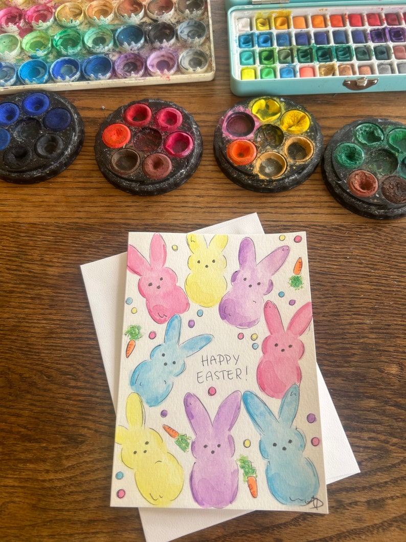 Handmade Easter Card: Watercolor Peeps Bunnies, Custom Text Available ...