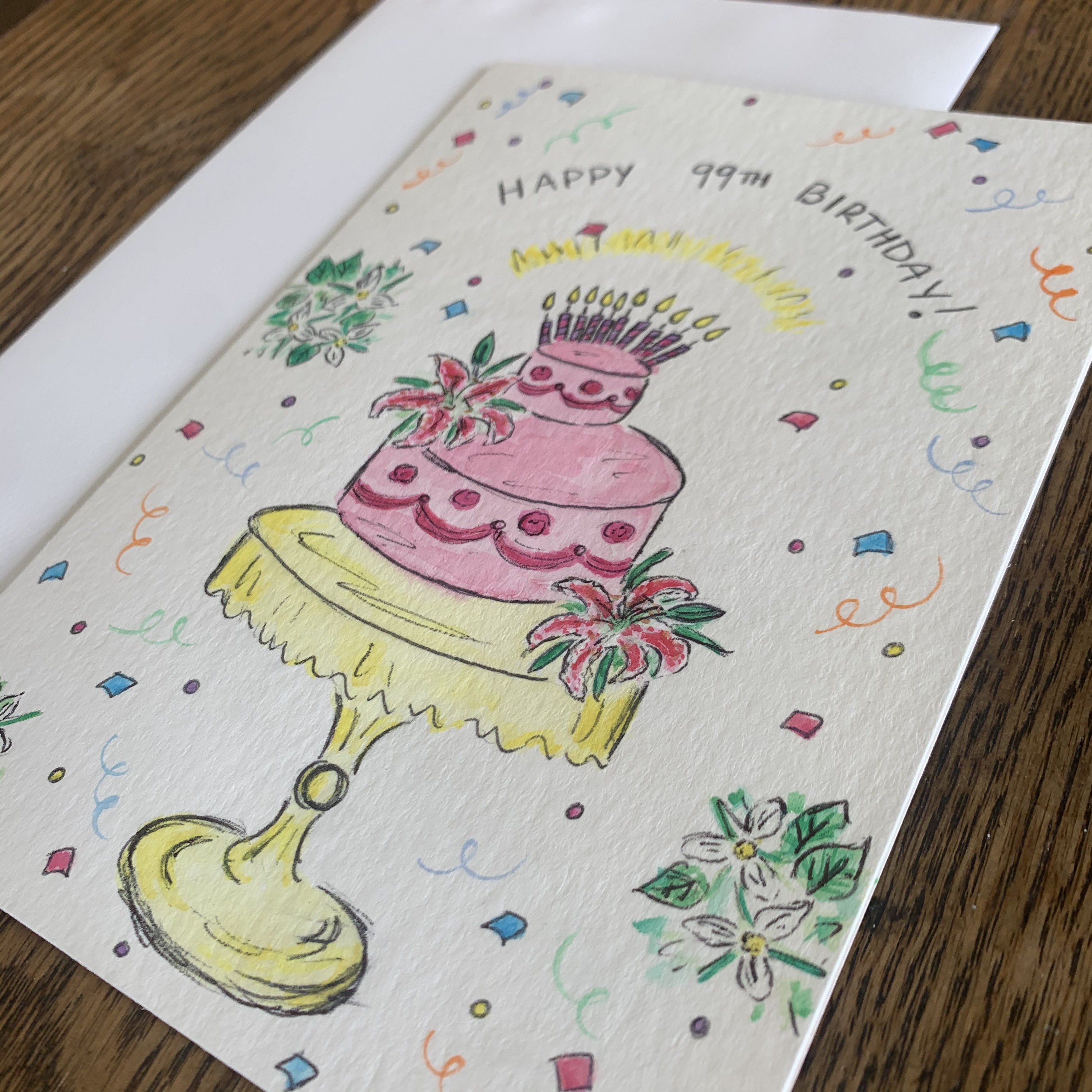 Happy Birthday Card Watercolor Handmade, 99th Birthday Card, Happy ...