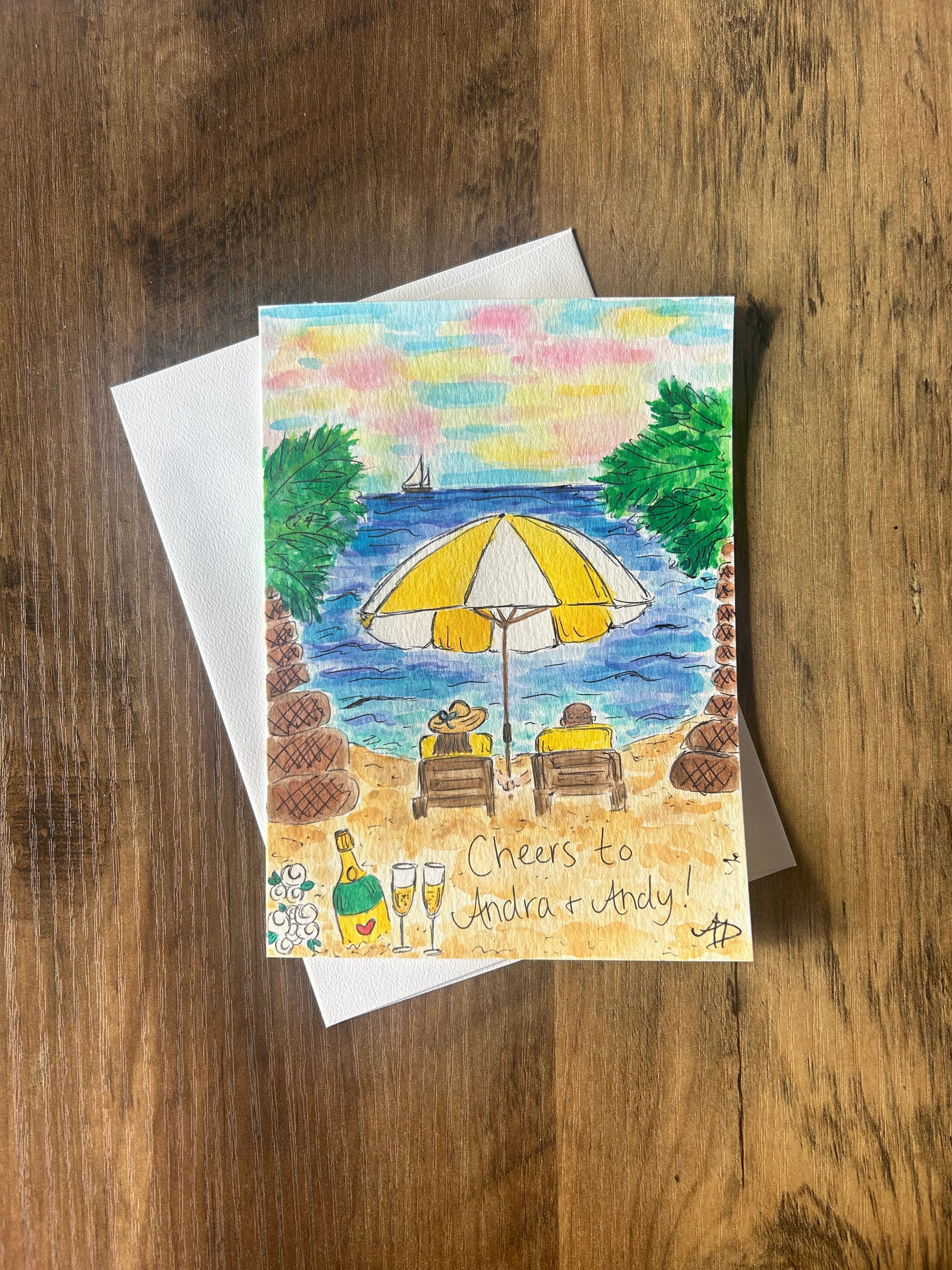 Personalized Beach Wedding Card: Handmade Watercolor Newlyweds Card - Etsy