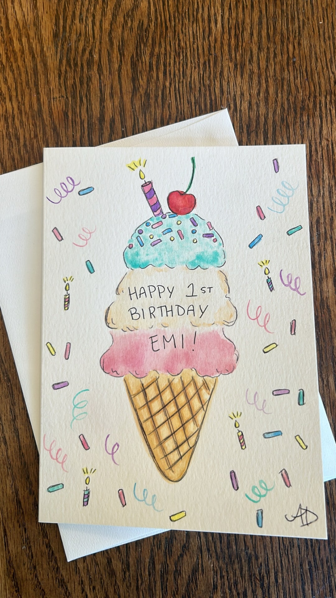 Ice Cream Birthday Card Custom Cute Handmade Watercolor Custom Name Birthday Card, Personalized ...