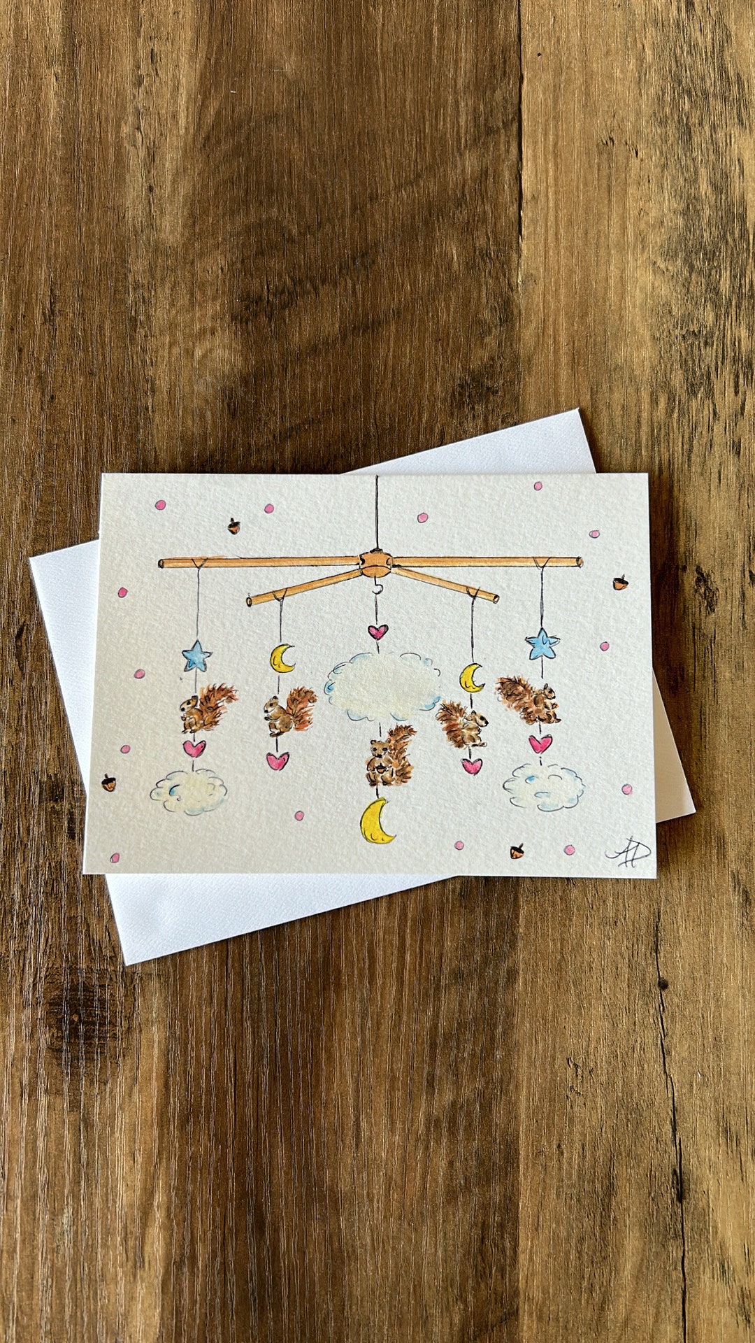 Squirrel Baby Shower Card: Watercolor Mobile, Handmade Mom-to-be Card ...