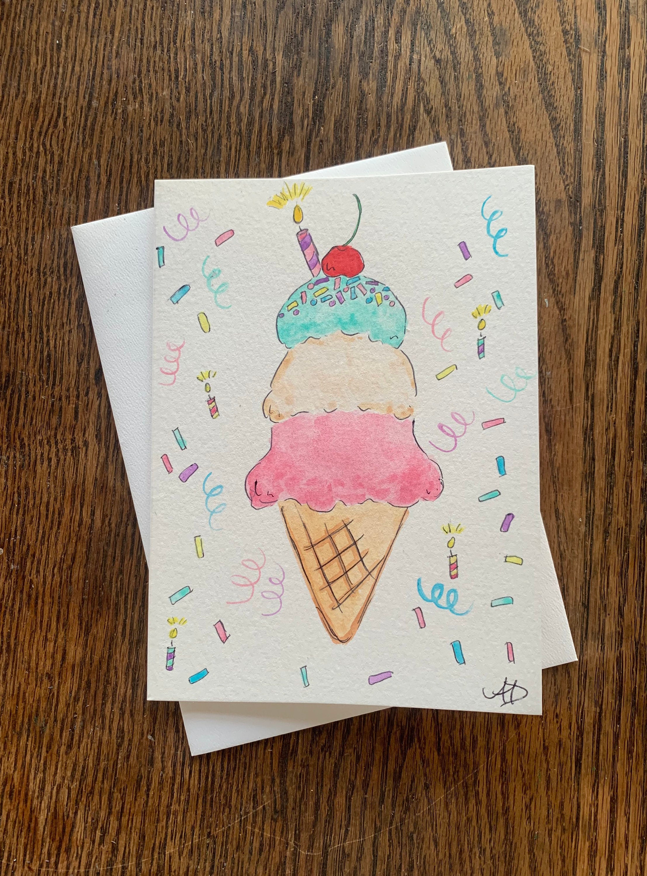 Ice Cream Birthday Card Custom Cute Handmade Watercolor Custom - Etsy