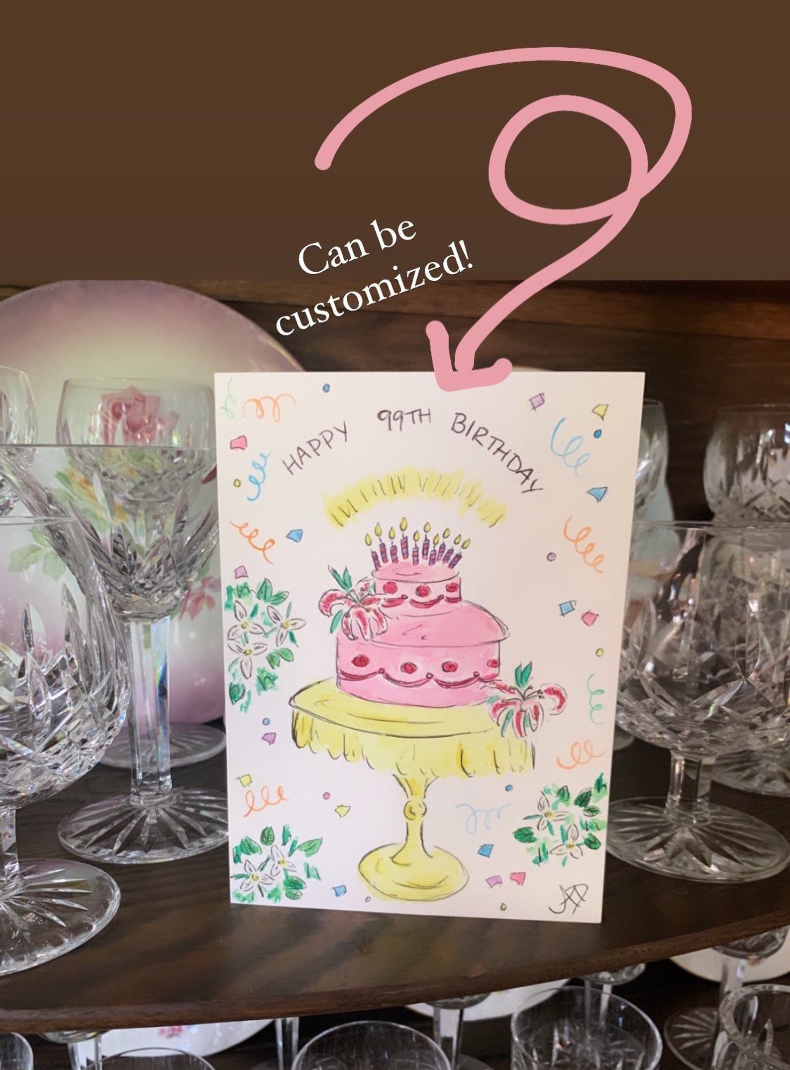 Happy Birthday Card Watercolor Handmade, 99th Birthday Card, Happy ...