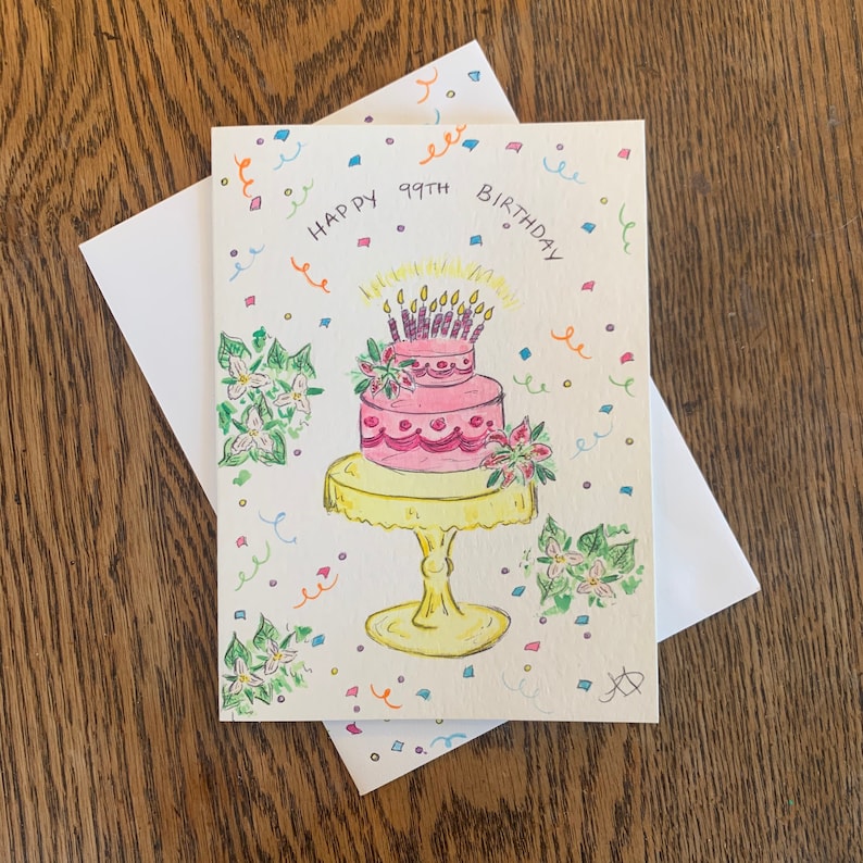 Happy Birthday Card Watercolor Handmade, 99th Birthday Card, Happy ...