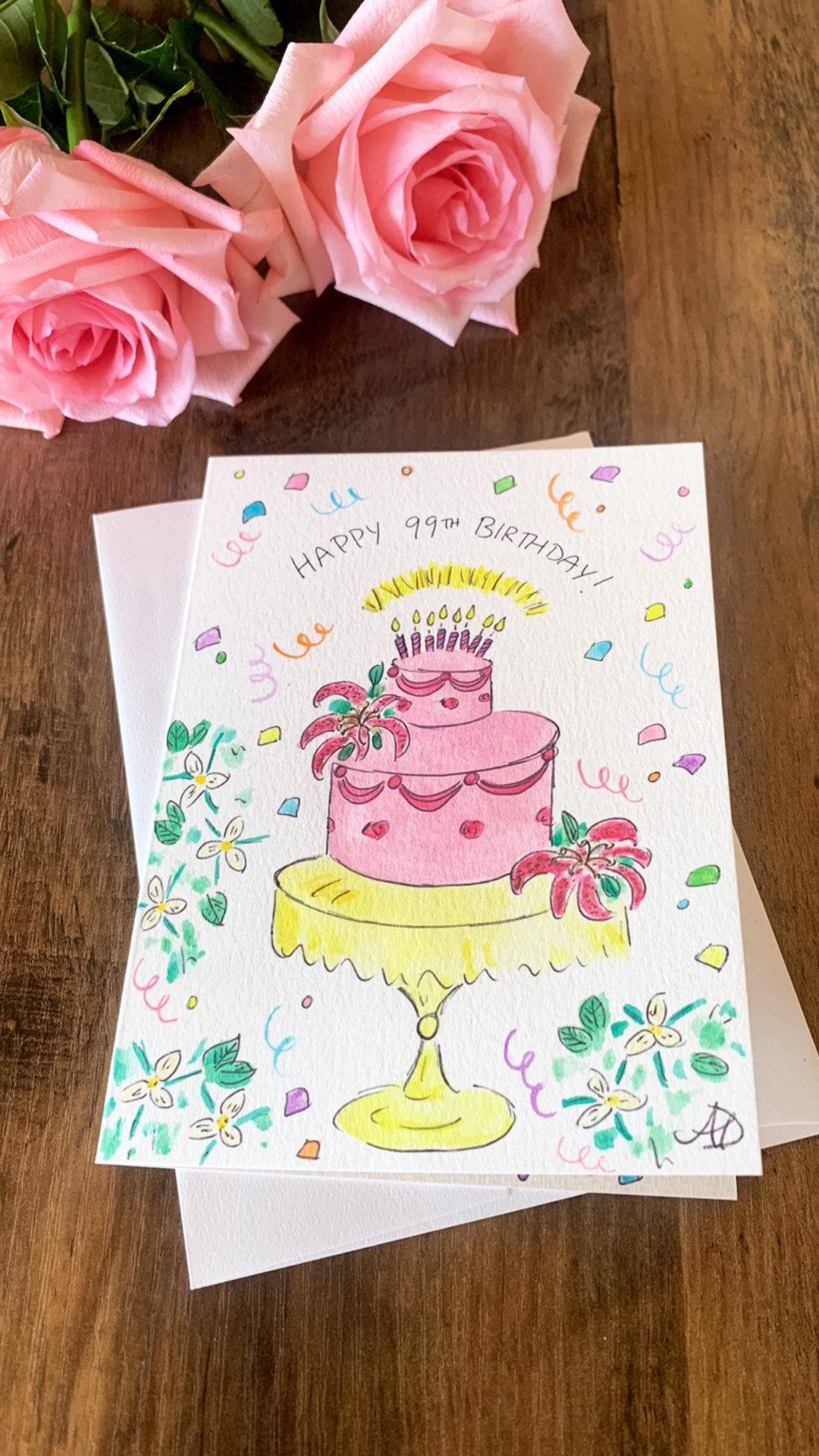 Happy Birthday Card Watercolor Handmade, 99th Birthday Card, Happy ...