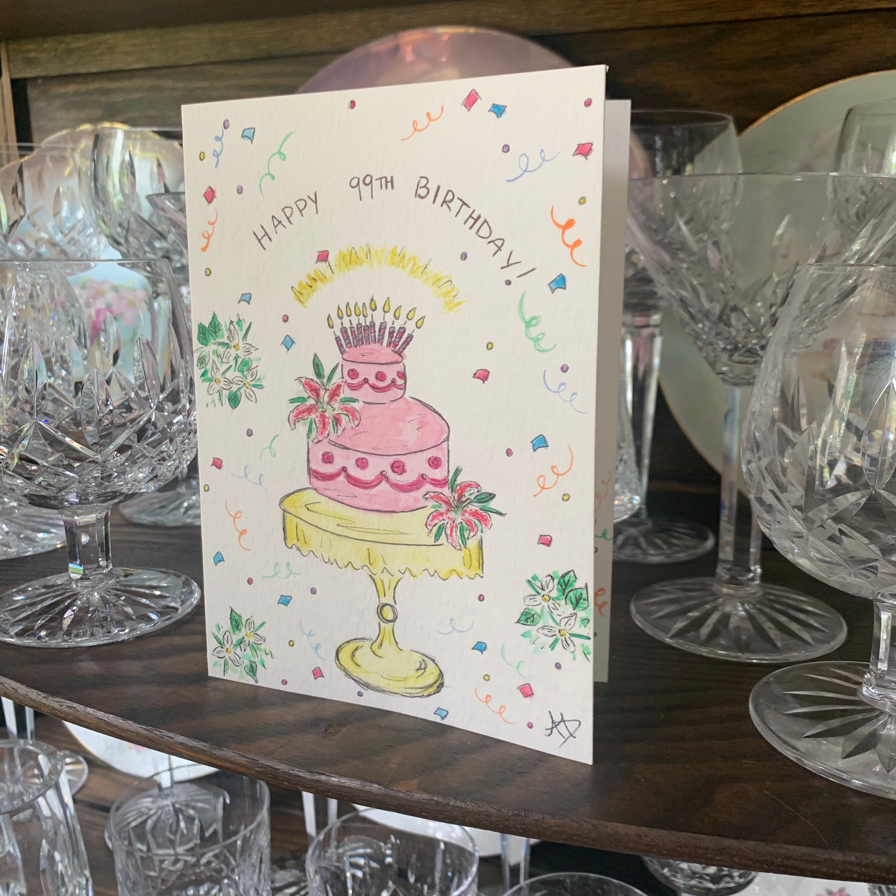 Happy Birthday Card Watercolor Handmade, 99th Birthday Card, Happy ...