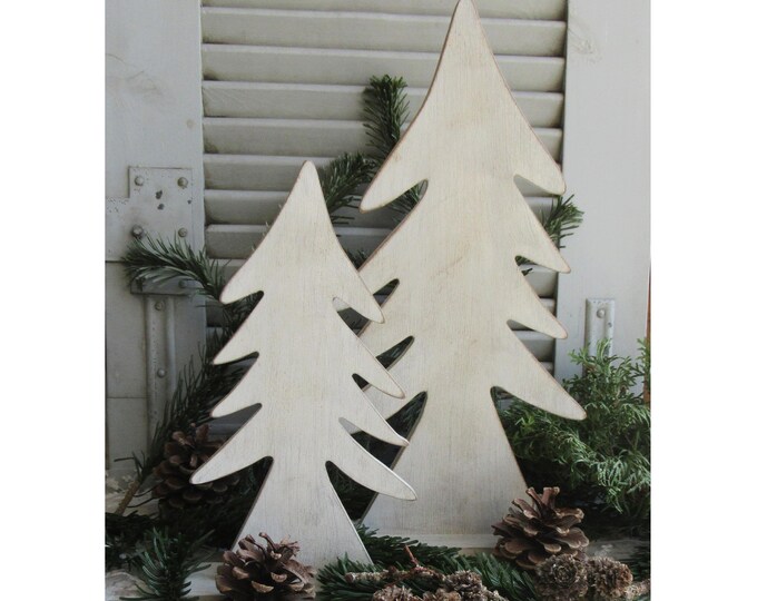 Set of 2 Decorative Fir Trees Made of White Shabby Chic Wood; Deco Fir ...