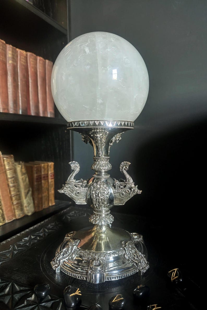 Antique Silver Plate Odin Crystal Ball Stand – Viking Decor, Quartz ...