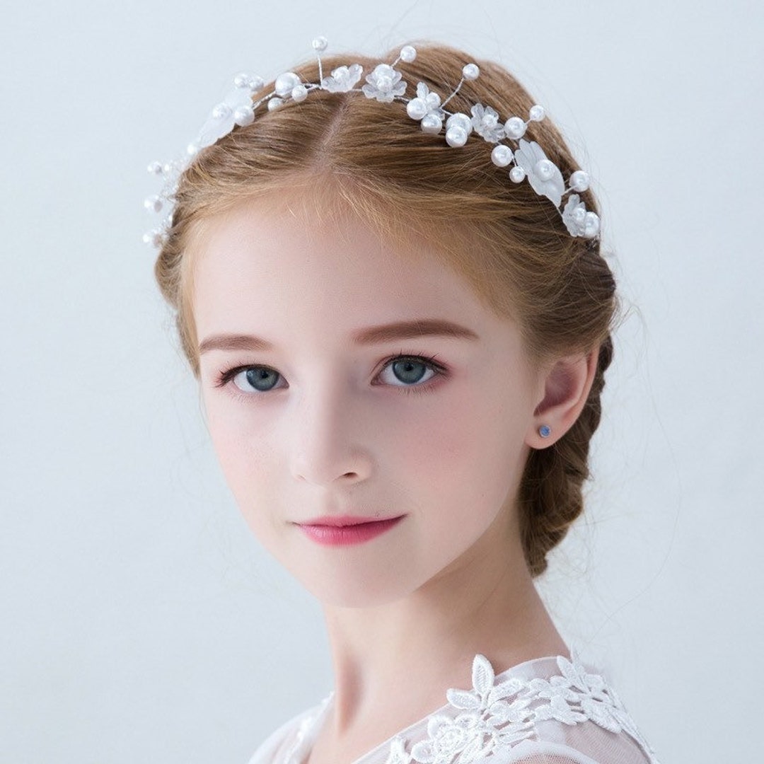 Silver Floral Bridal Headband, First Communion Headband, Simple Pearl ...