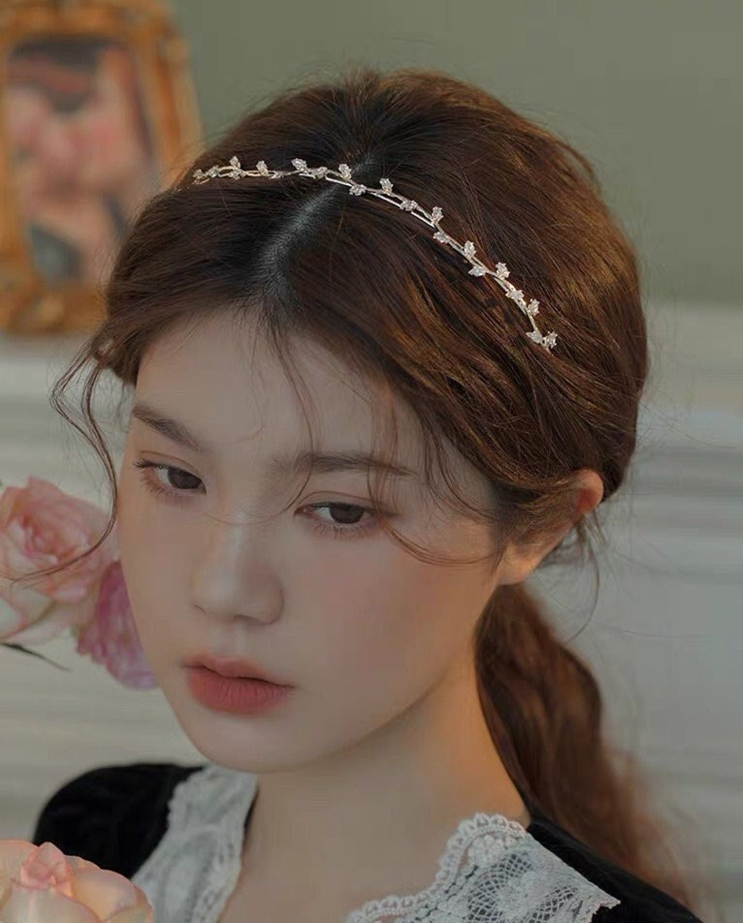 Gold Leaf Bridal Headband, Thin Rhinestone Headband, Prom Headband ...