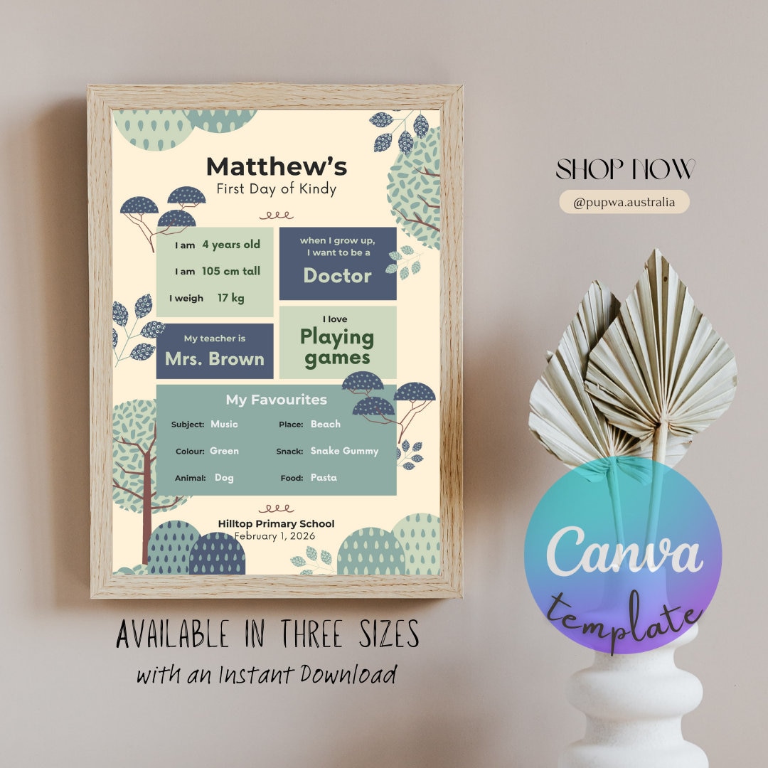 Editable First Day of Kindy/school Sign, Forrest Design, Canva ...