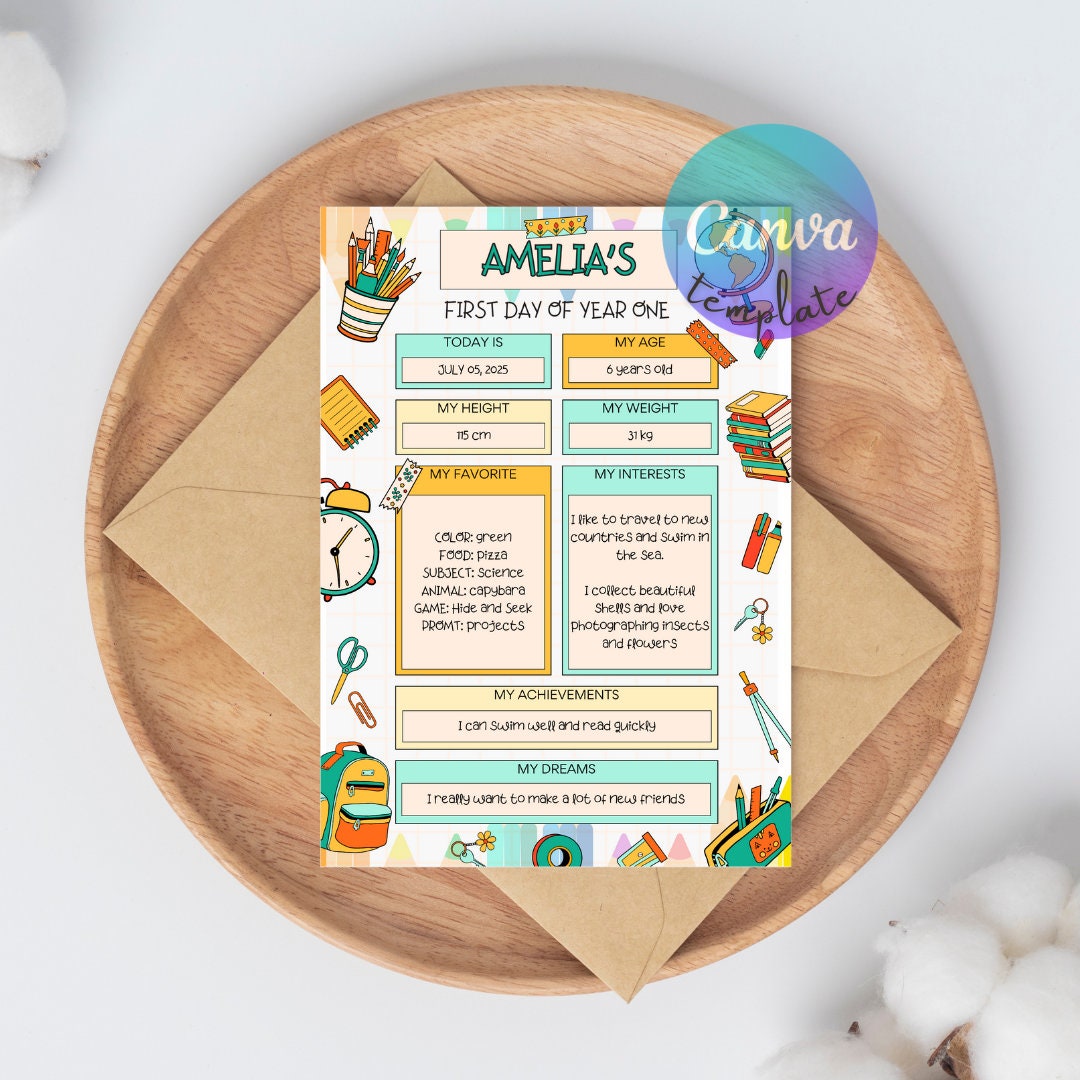Editable First Day of Kindy/school Sign, Stationary Cartoons, Canva ...