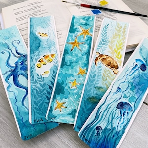 Hand Painted Watercolor Bookmark Turtle, Under the Sea, Marine Theme ...