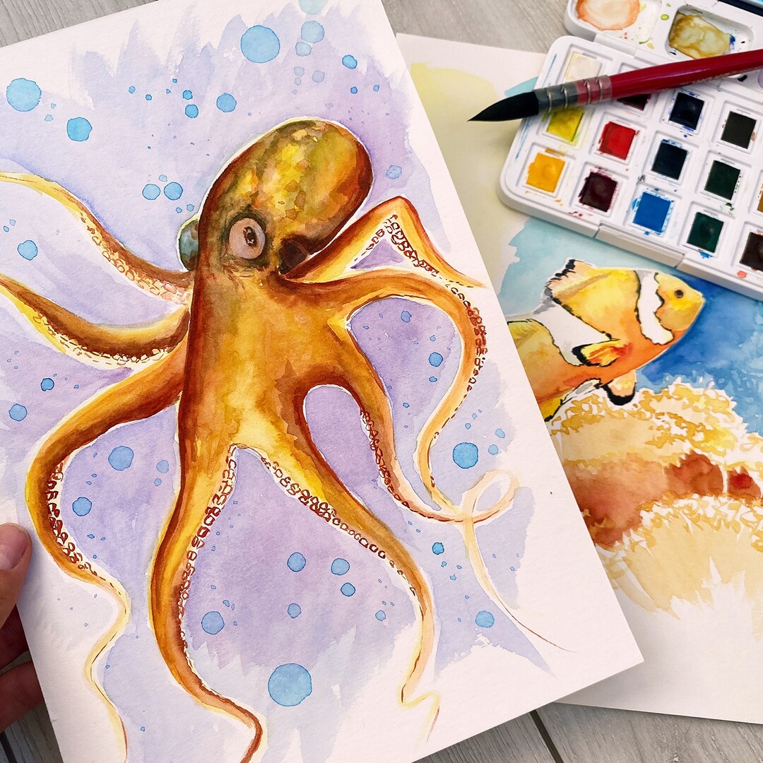 Octopus Watercolor Painting, Sea Life Painting, Octopus Watercolor Art ...