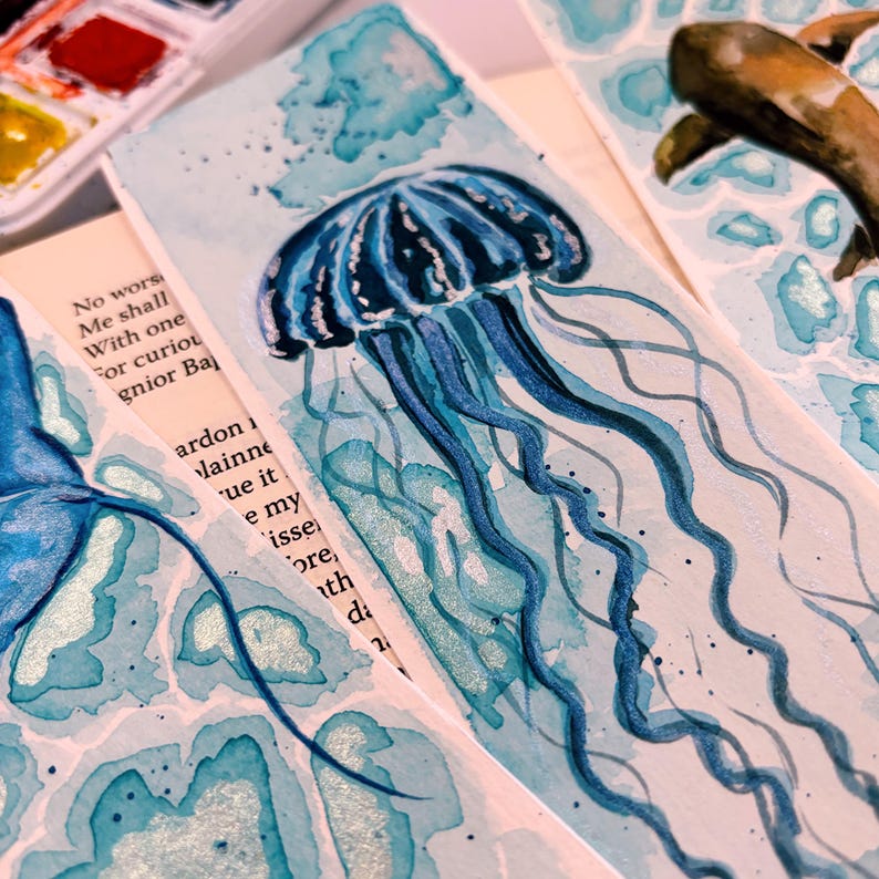 Hand Painted Watercolor Bookmark Jellyfish, Ocean Creatures, Marine ...