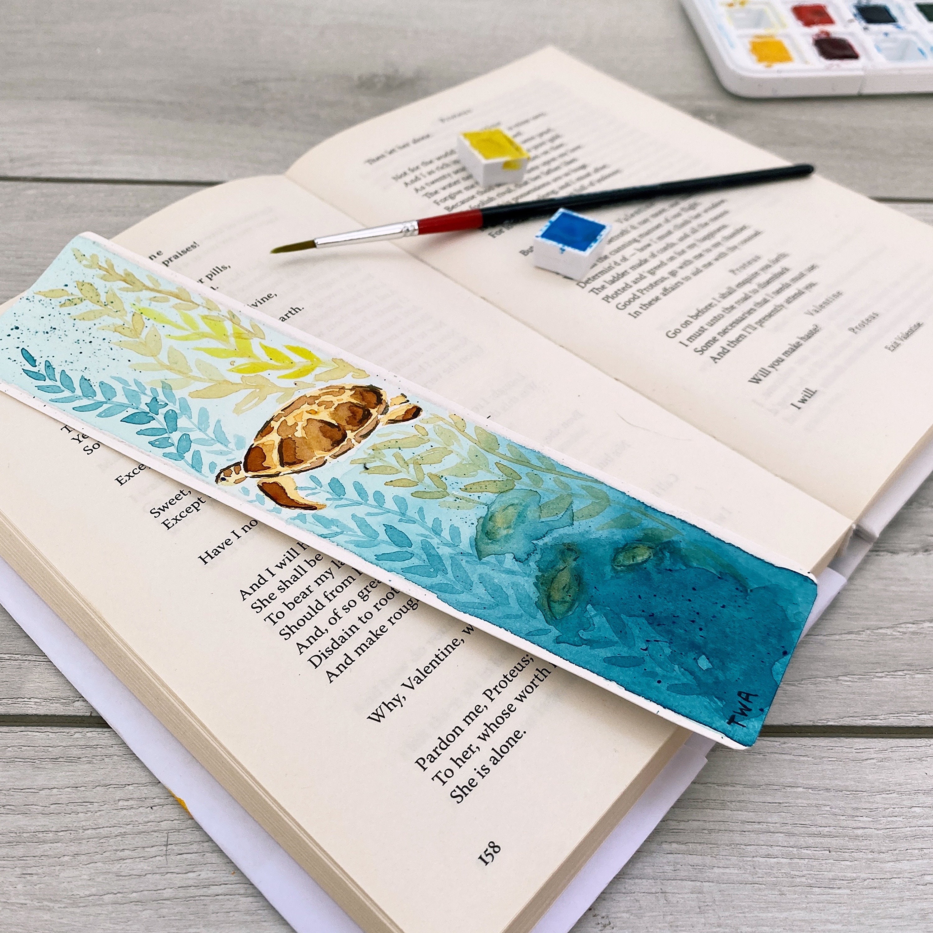 Hand Painted Watercolor Bookmark Turtle, Under the Sea, Marine Theme ...