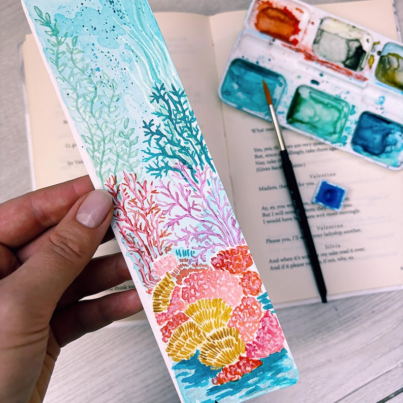 Hand Painted Watercolor Bookmark Coral Reef, Ocean Creatures, Marine ...