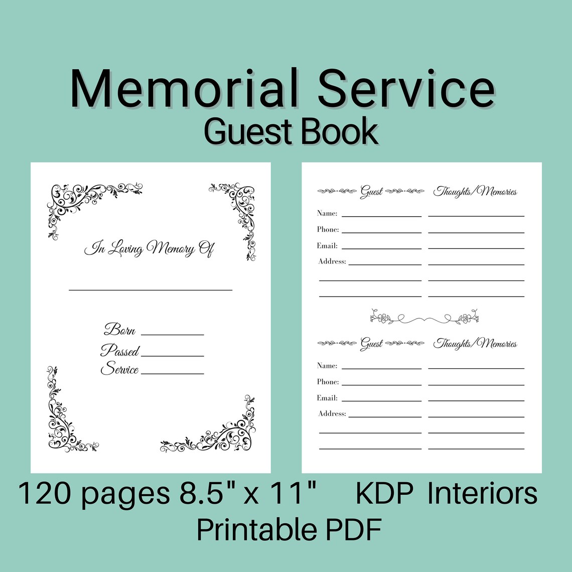 Funeral Memorial Template 8.5 X 11 Inches 120 Page Printable PDF File ...