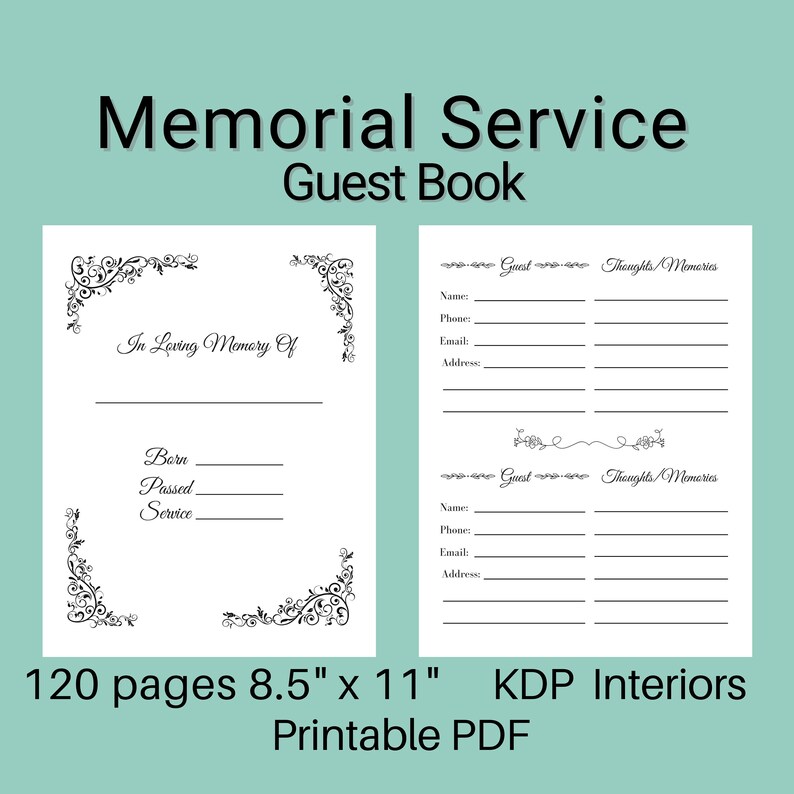 Funeral Memorial Template 8.5 X 11 Inches 120 Page Printable PDF File ...