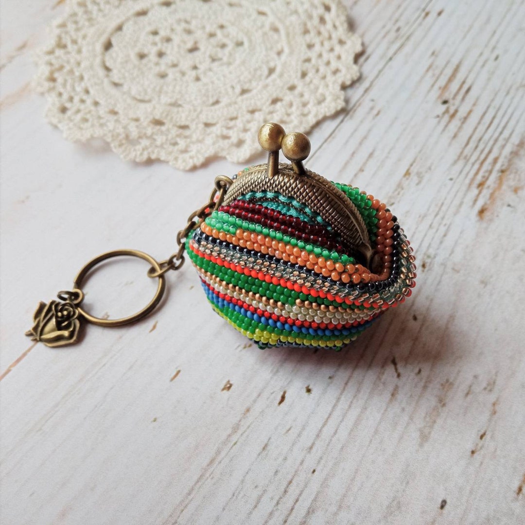 Mini Beaded Keyring With Kiss Clasp Purse, Wedding Ring Holder, Key Fob ...