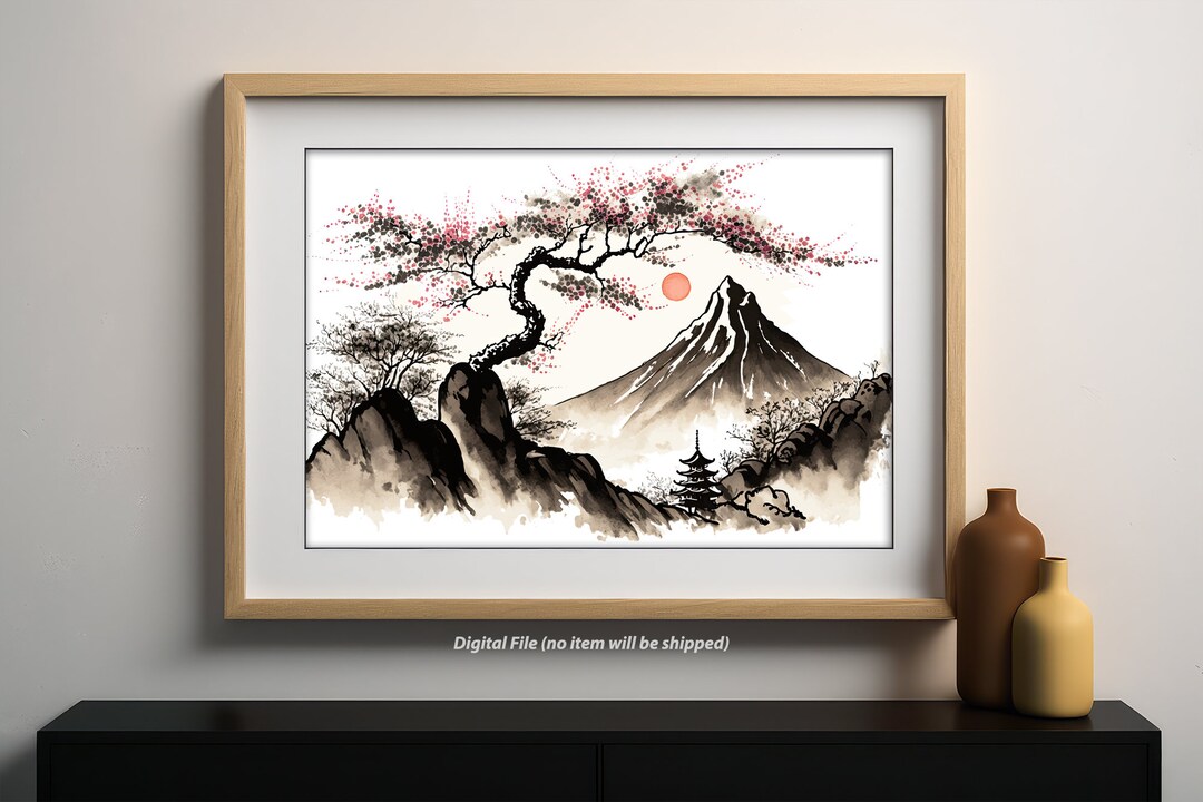 Cherry Blossom Art Print Japanese Sumi-e Painting Digital Art ...