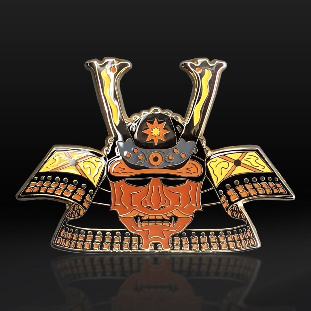 Sunset Kabuto Enamel Pin | Samurai Helmet Lapel Badge | Oni Demon Mask ...