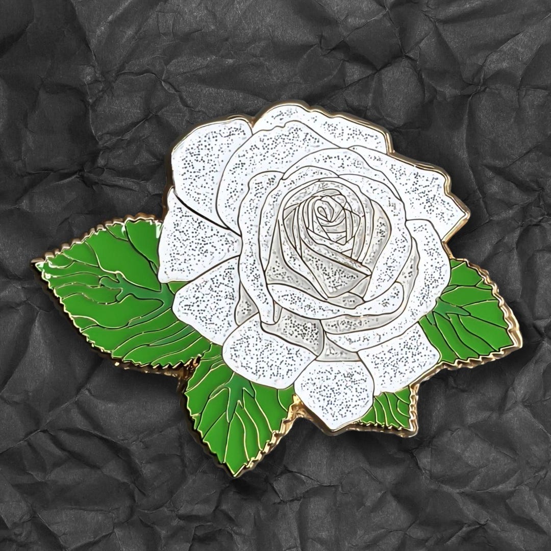 White Rose Enamel Pin | Glitter Floral Lapel Pin | Gold Rose Brooch ...
