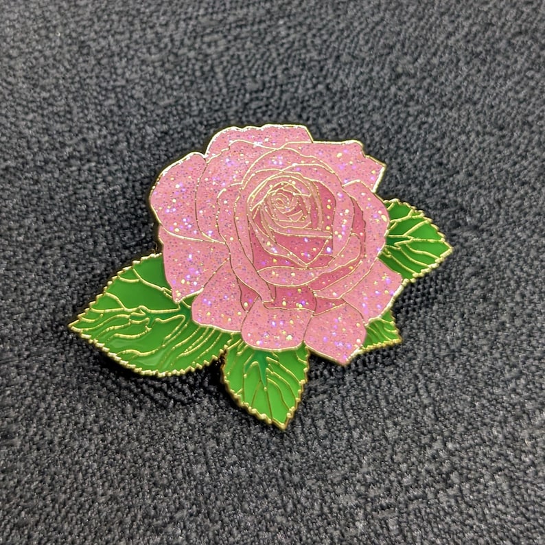 Pink Rose Enamel Pin | Glitter Floral Lapel Pin | Gold Rose Brooch ...