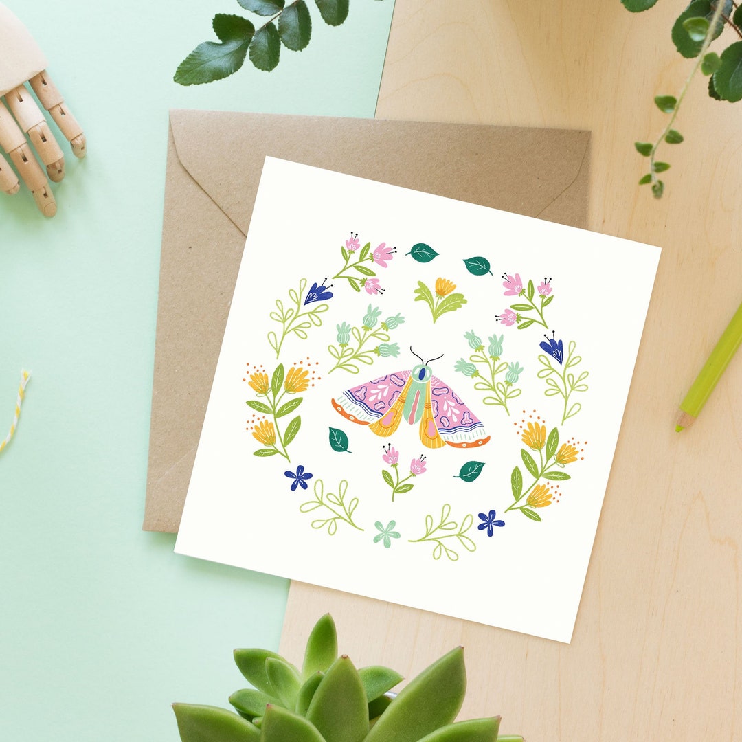 Moth Card, Floral Birthday Card, Botanical Flower Card, Insect Card ...
