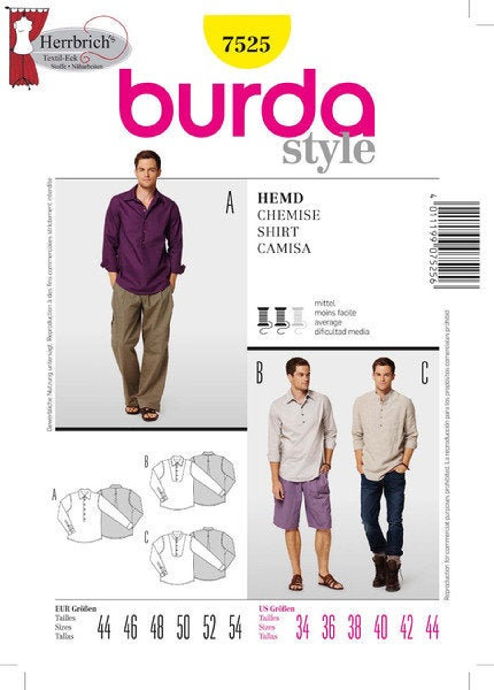 Burda Schnittmuster 7525 Herren Männer Hemd 44 54 | Etsy