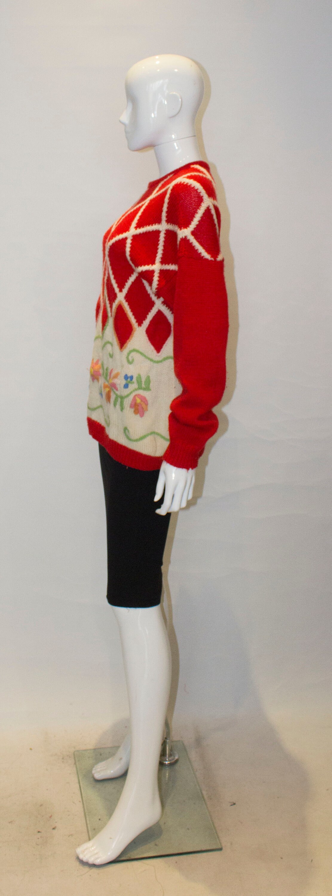 A Vintage 1950s Handmade Jumper Withred Stripe and Floral Detail - Etsy