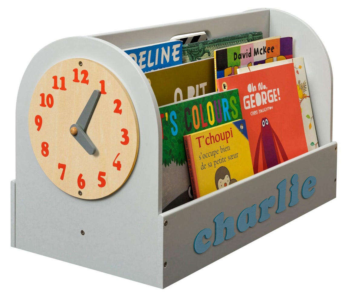 Personalised Kids Book Storage Box, Grey Wood Portable Book Storage for ...