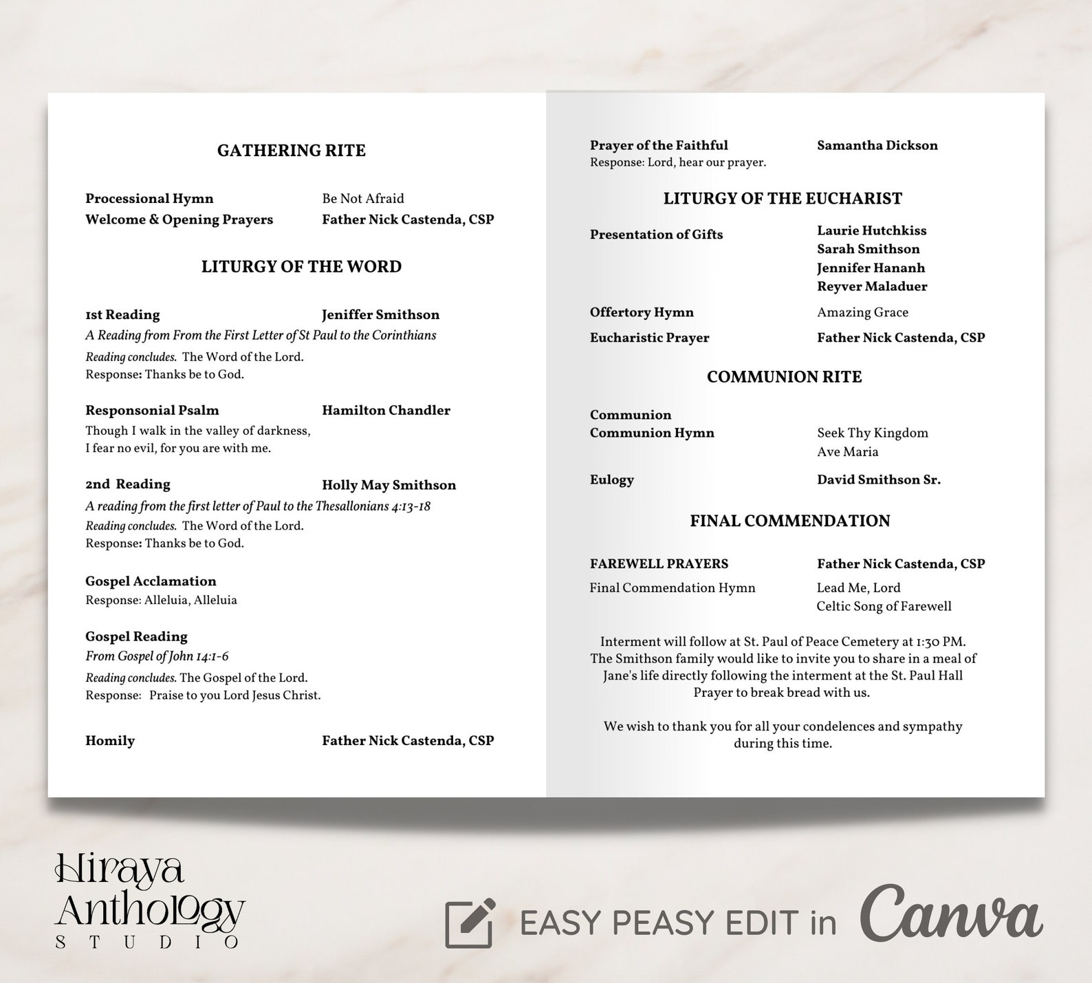 Catholic FUNERAL Mass Program, Funeral Liturgy, Final Commendation ...