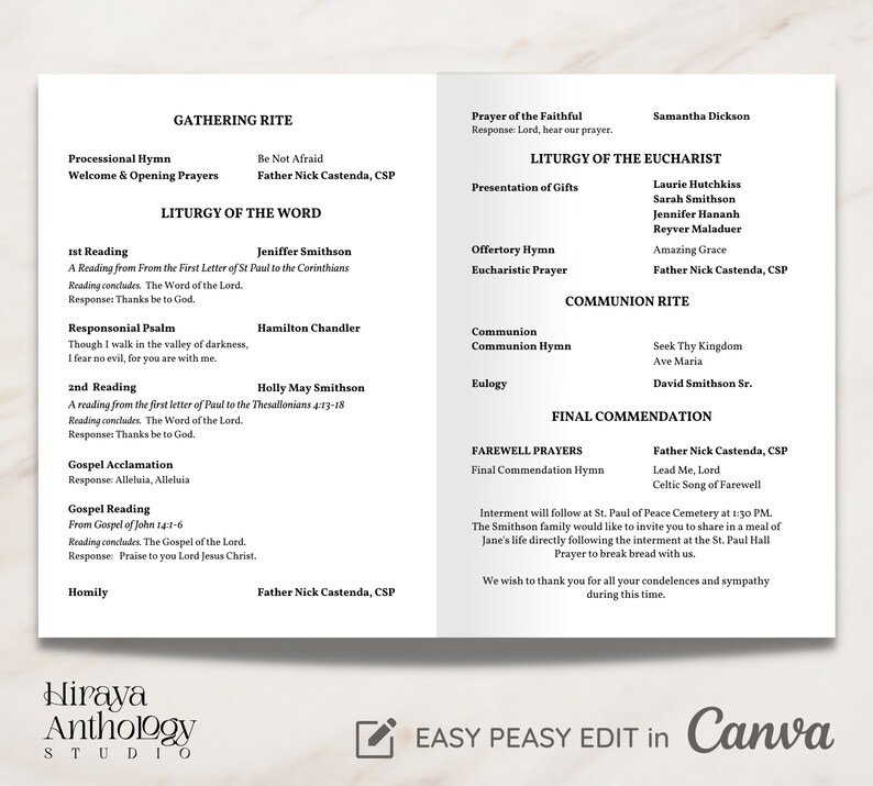 Catholic FUNERAL Mass Program, Funeral Liturgy, Final Commendation ...