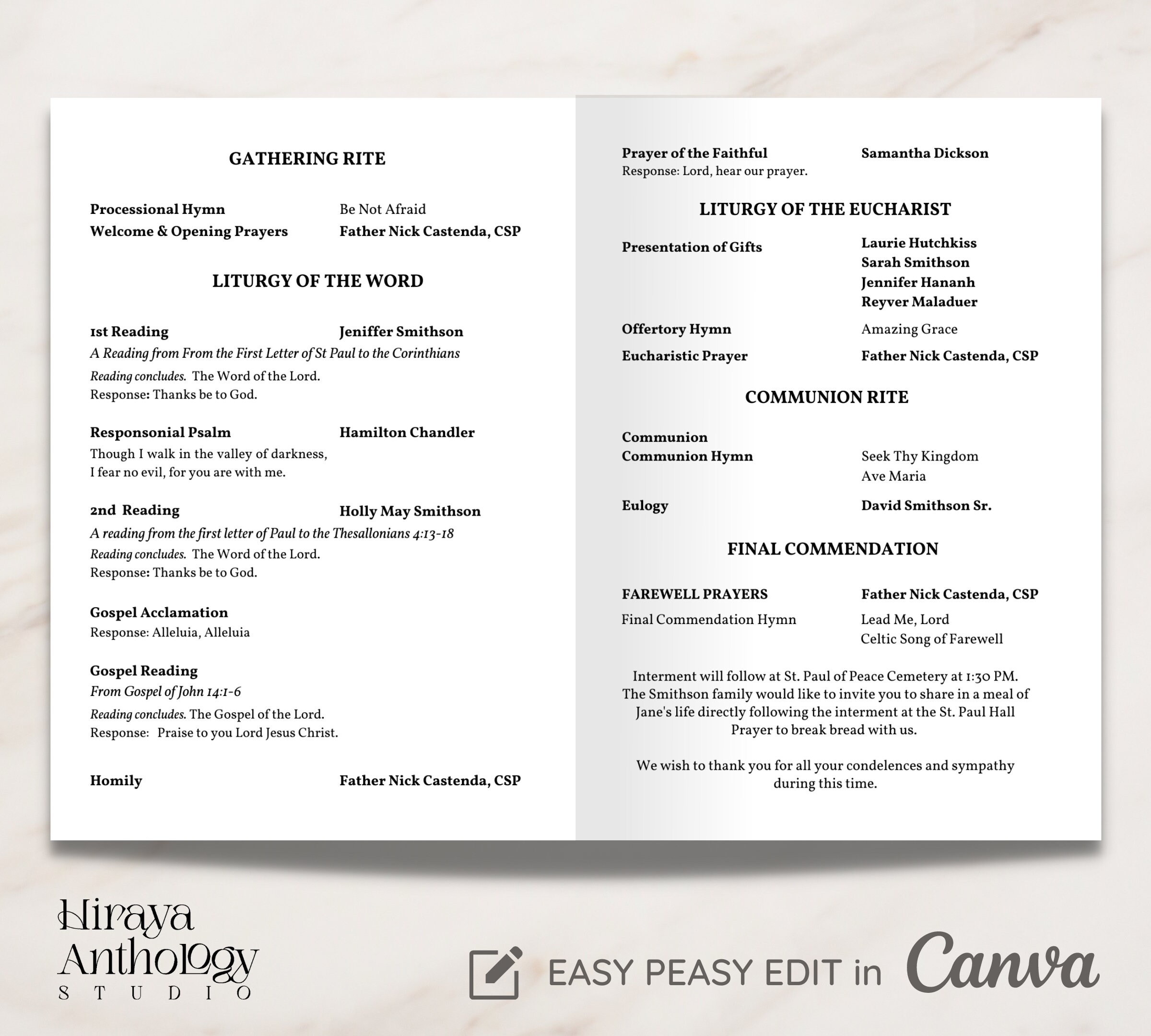 Catholic FUNERAL Mass Program, Funeral Liturgy, Final Commendation ...