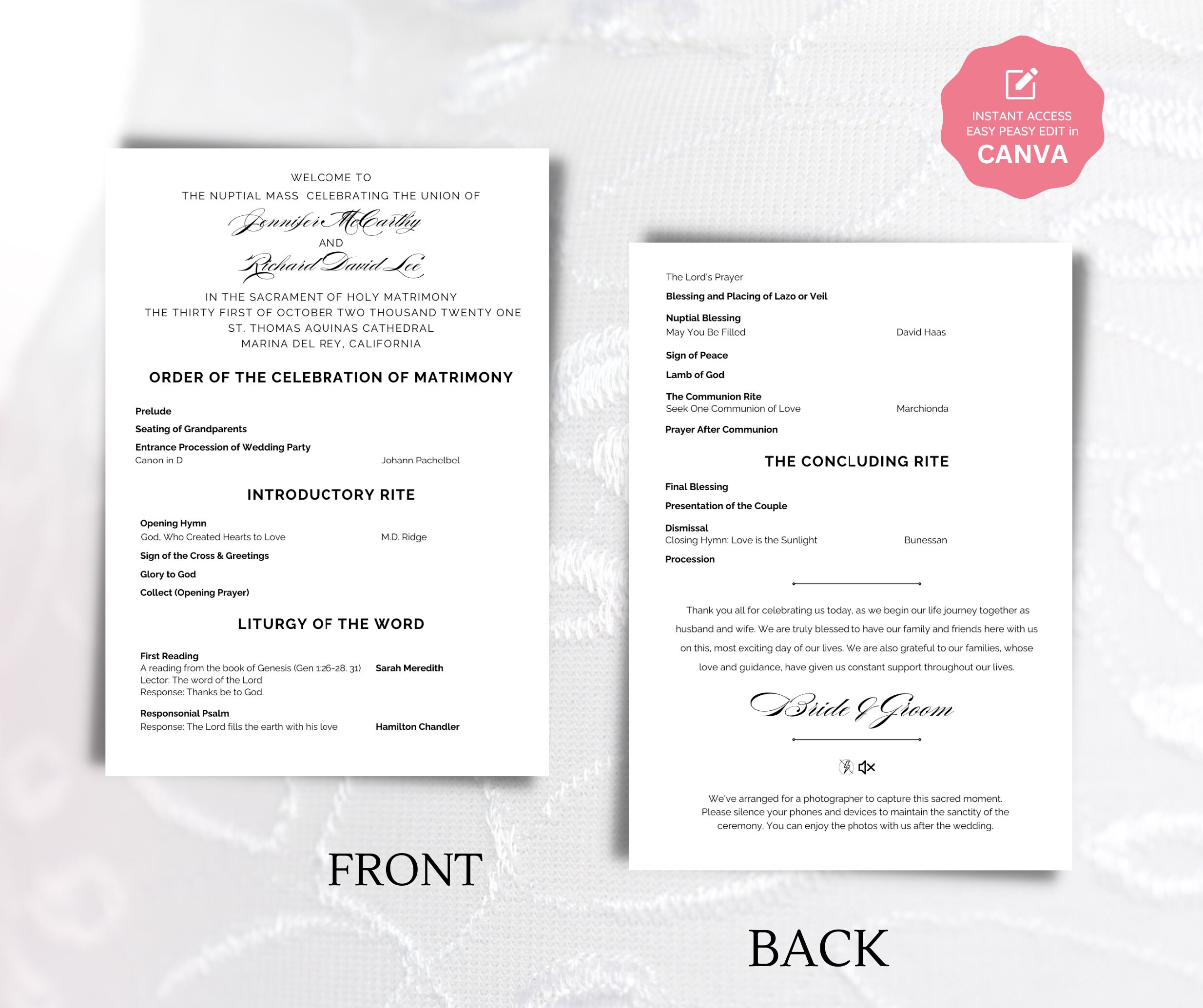 CATHOLIC Wedding Program Template SIMPLE Black & White - Order of ...