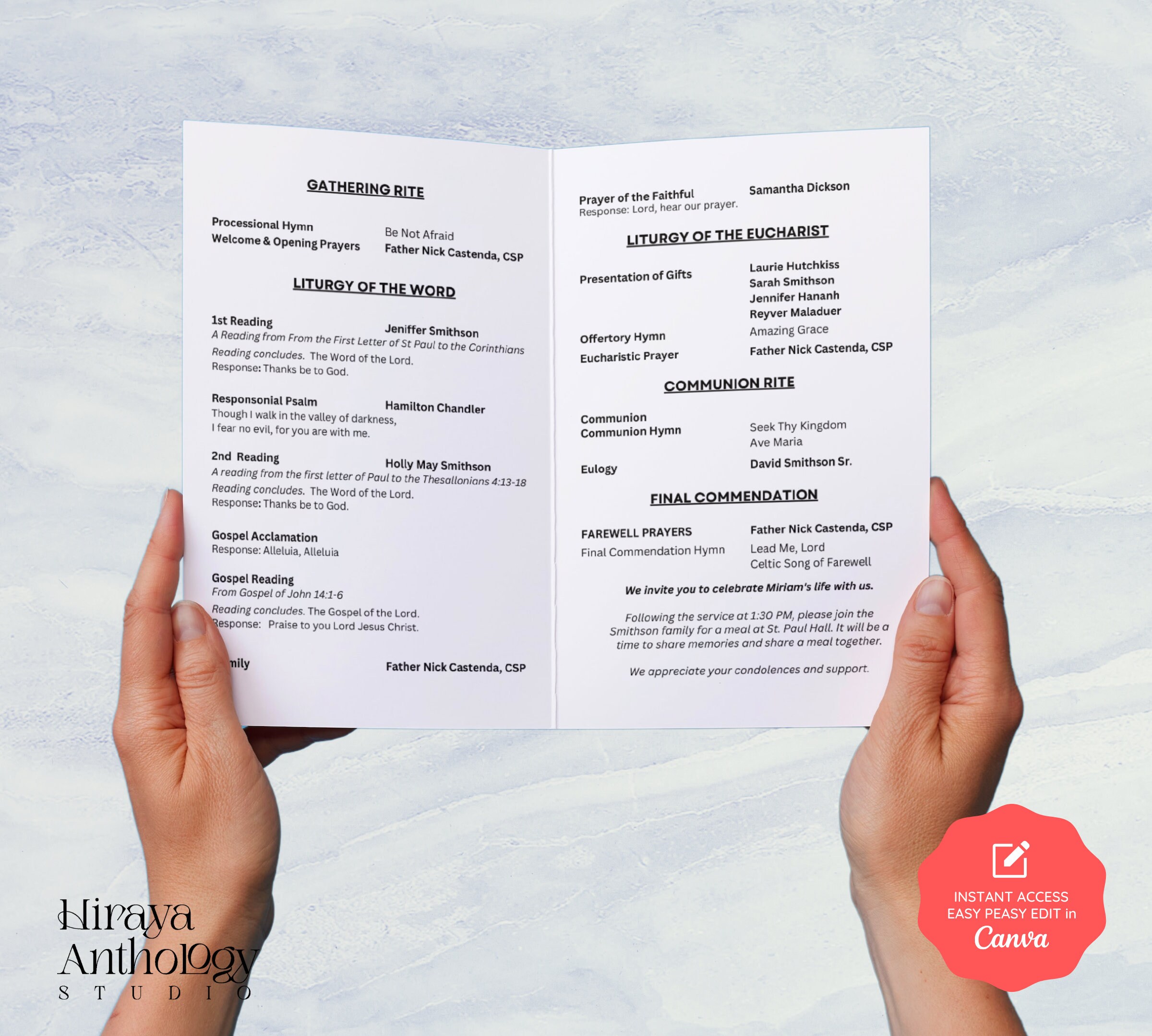 Peace Lily Catholic FUNERAL Mass Program, Funeral Liturgy, Final ...