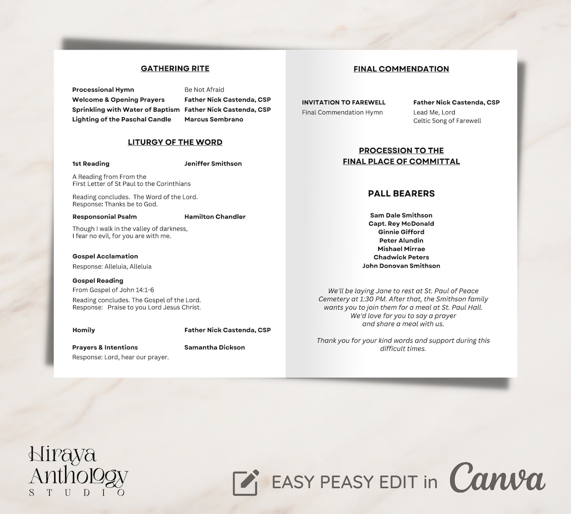 Peace Lily Catholic FUNERAL Mass Program, Funeral Liturgy, Final ...